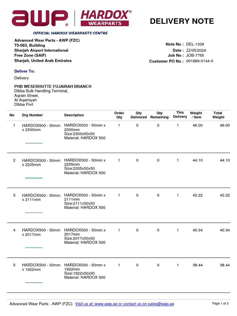 Delivery Note Del-1339 - j7755 Awp PHB | PDF | Freight Transport ...