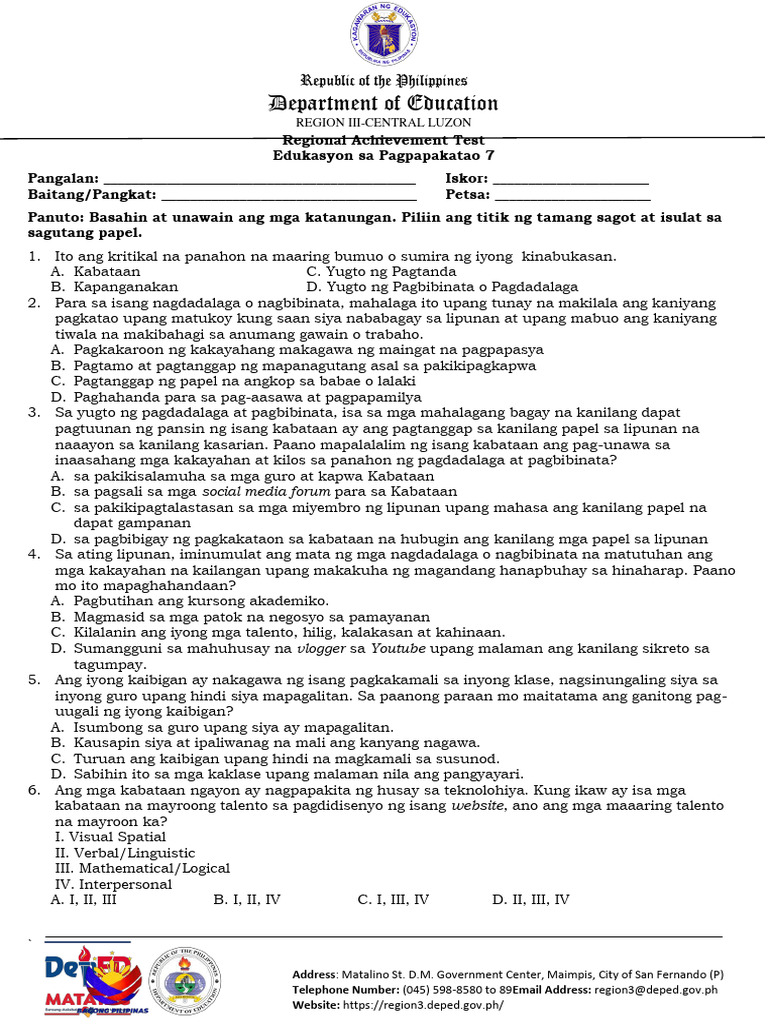 Regional Achievement Test in EsP 7 3 Pages Back 2 Back | PDF