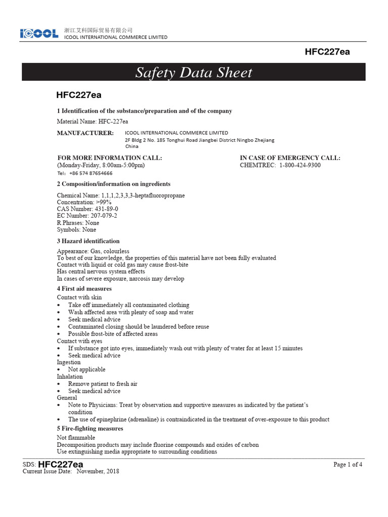 HFC-227ea SDS | PDF | Working Conditions | Environmental Issues