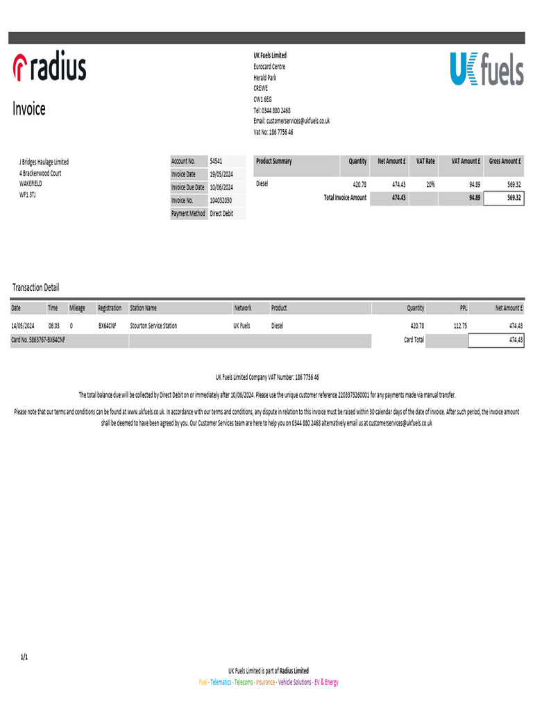 UK Fuels Invoice Summary | PDF | Invoice | Value Added Tax
