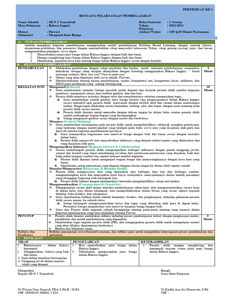 RPP Bing Kls 1 (Pertemuan 1) Flowers | PDF
