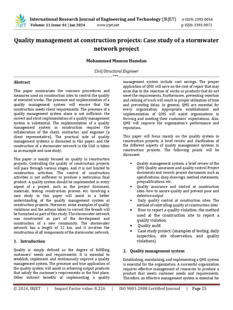 Quality Management at Construction Projects: Case Study of A Stormwater Network Project | PDF ...