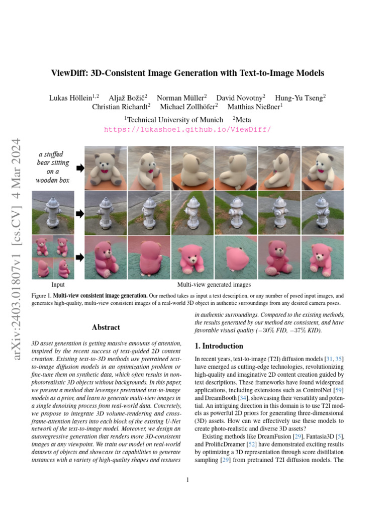 ViewDiff_3D_Consisitent Image Generation With Text to Image Models | PDF | 3 D Computer Graphics ...