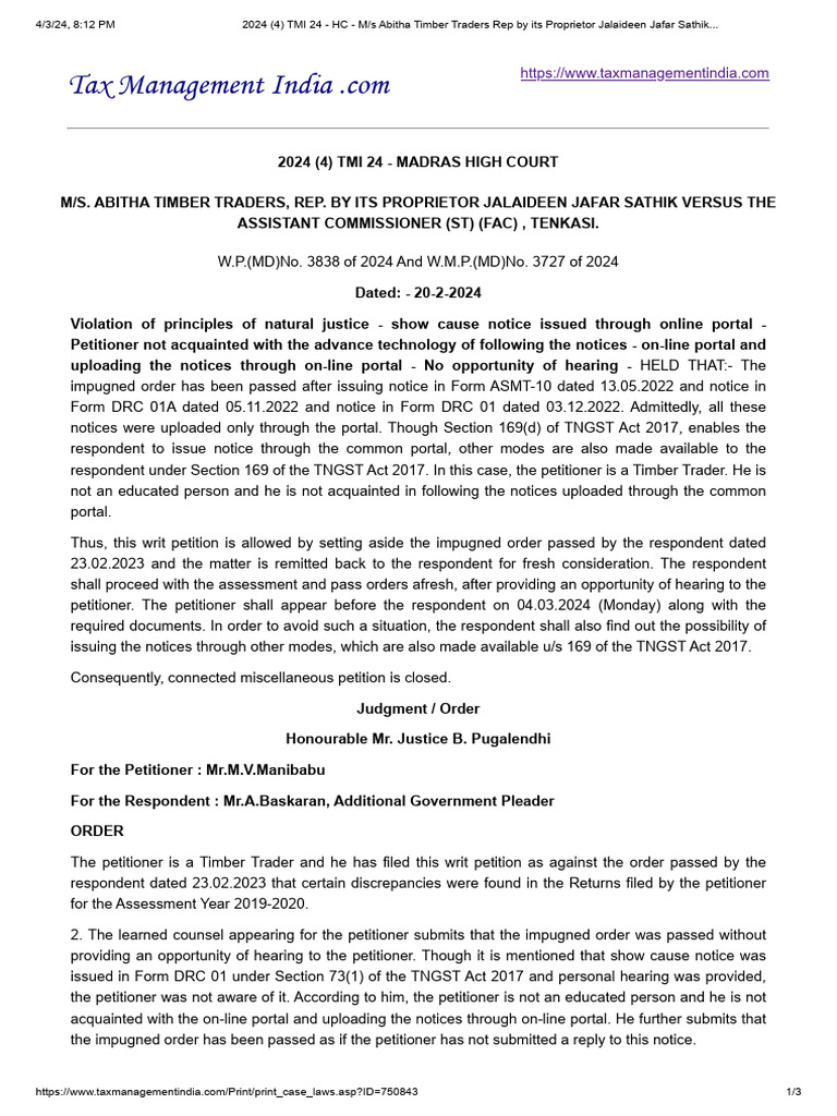 2024 (4) TMI 24 - HC - M - S Abitha Timber Traders Rep by Its ...