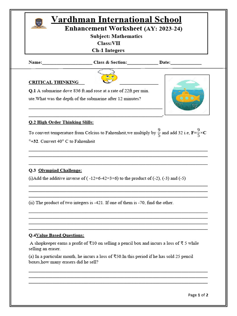 7th Enhancement Worksheet Ch-1 Integers 2023-24 | PDF | Mathematics