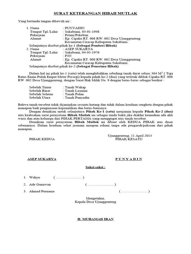 Surat Keterangan Hibah Mutlak | PDF