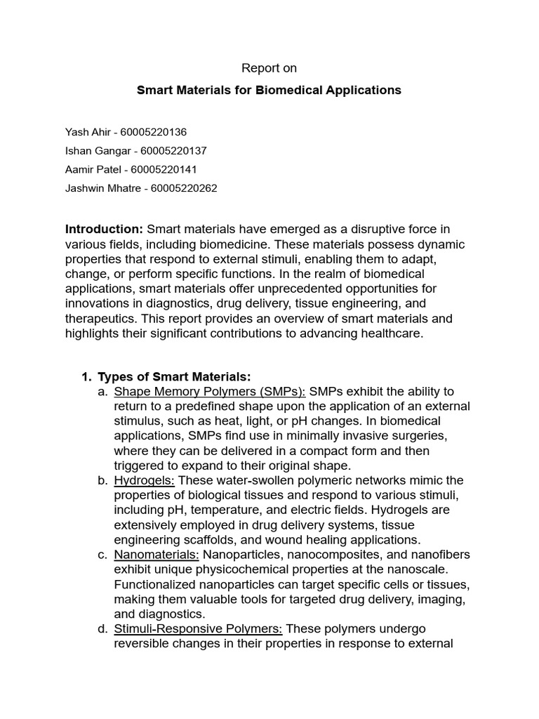 Group No. 14 Report On Smart Materials For Biomedical Applications ...