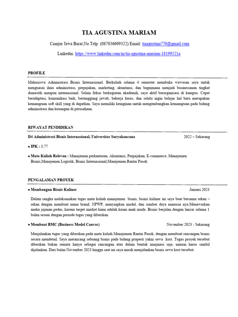 Tia Agustina Mariam - CV 2 | PDF