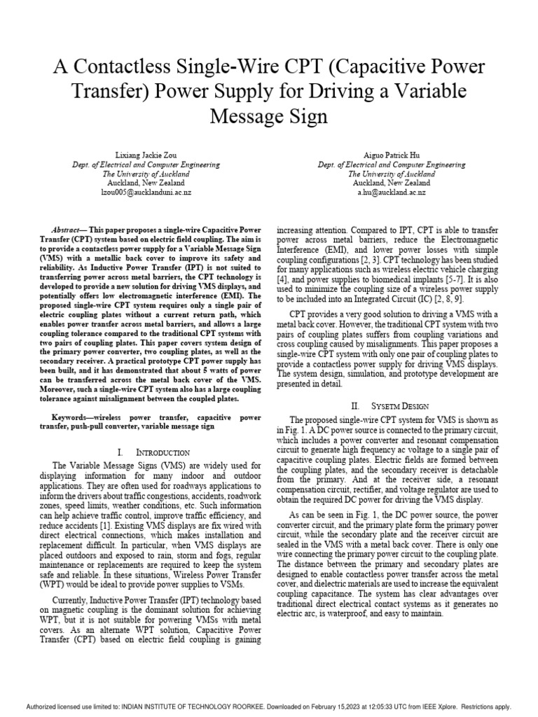A Contactless Single-Wire CPT Capacitive Power Transfer Power Supply ...