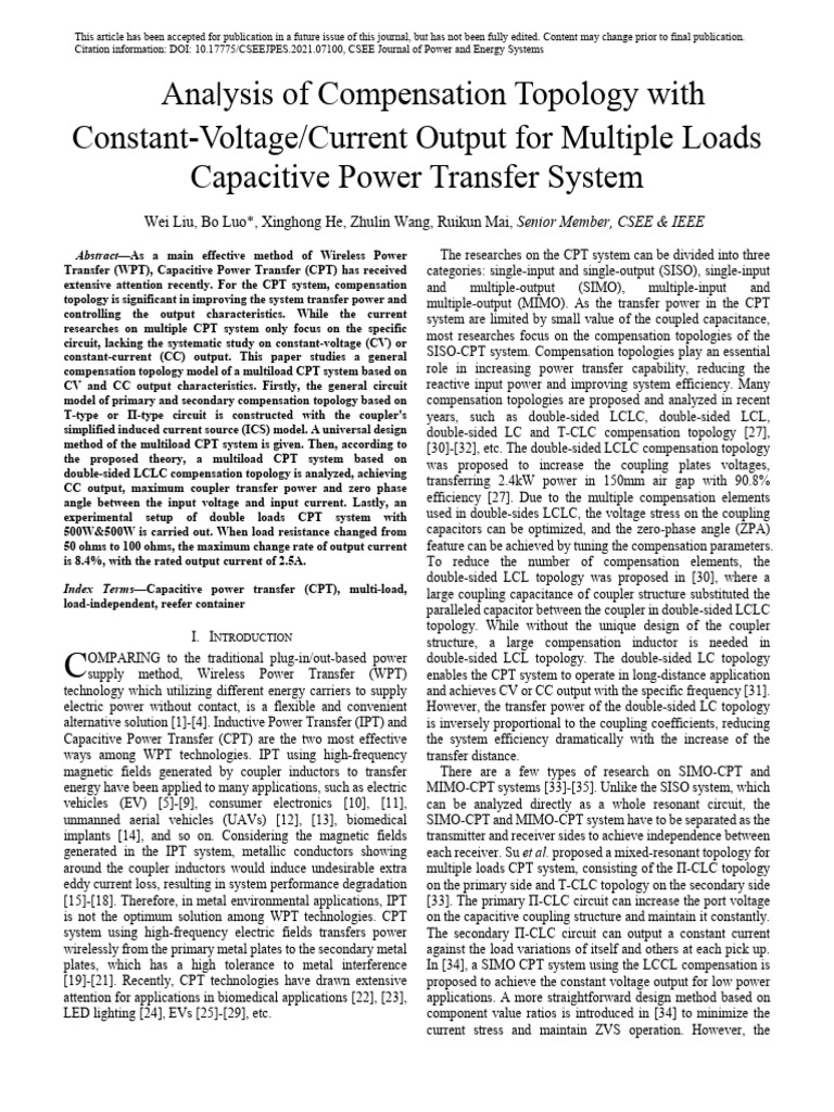 Analysis Of Compensation Topology With Constant Voltage Current Output For Multiple Loads