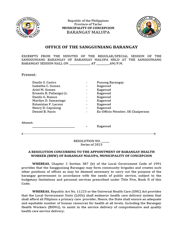 Resolution On The Appointment of Barangay Health Worker | PDF