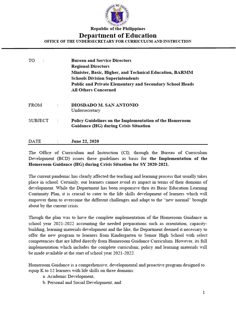 Homeroom Guidance Policies and Guidelines | PDF | Schema (Psychology ...