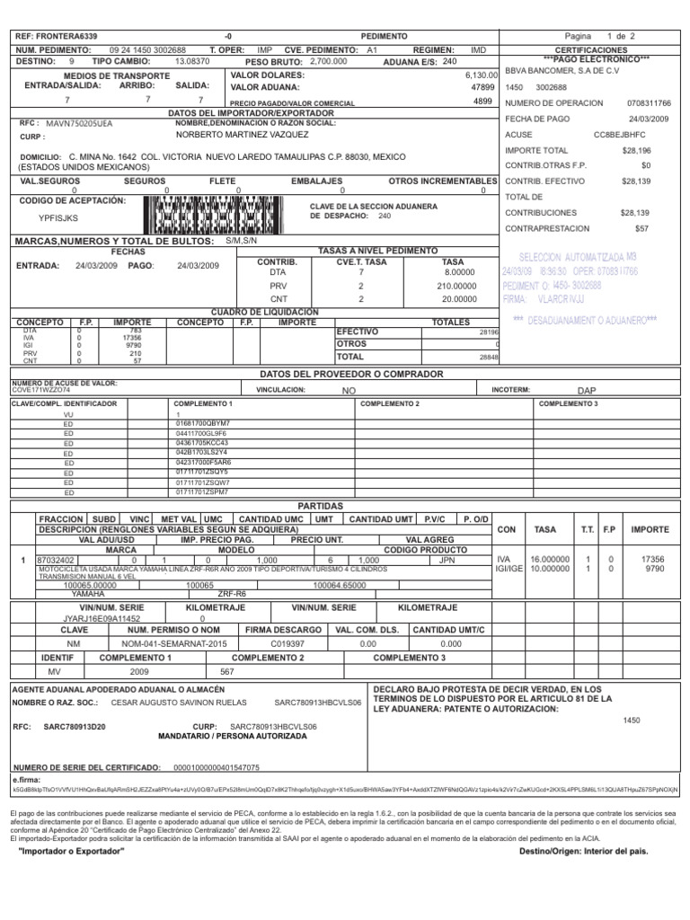 Pedimento 2 Jamaha | PDF | Documentos empresariales