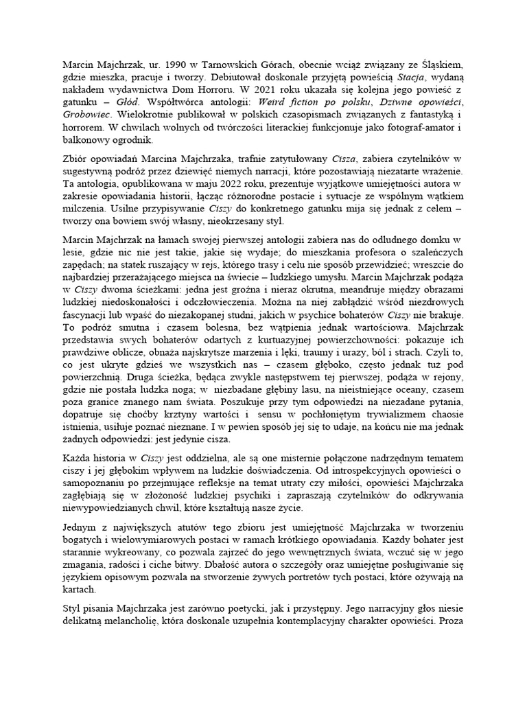Marcin Majchrzak Cisza Recenzja | PDF