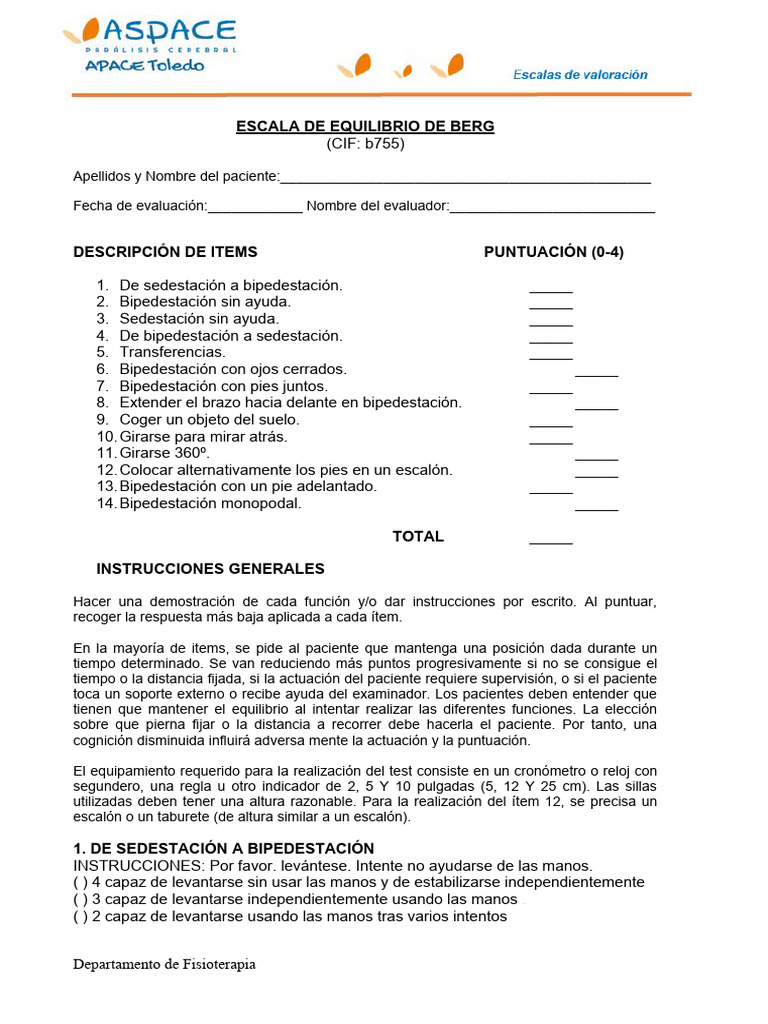 Escala de Equilibiro de Berg | PDF