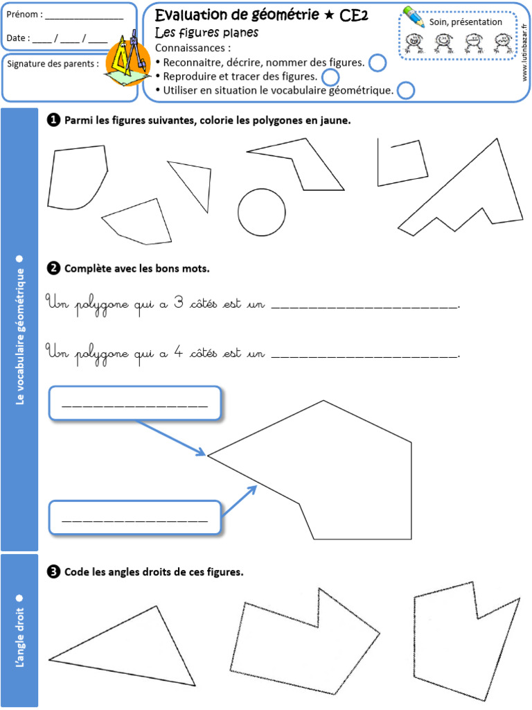 Évaluation de géométrie CE2 : Polygones | PDF | Triangle | Triangle