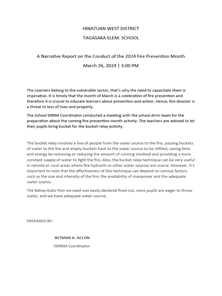 Tagasaka Es Narrative Report Fire Drill | PDF | Social Science ...