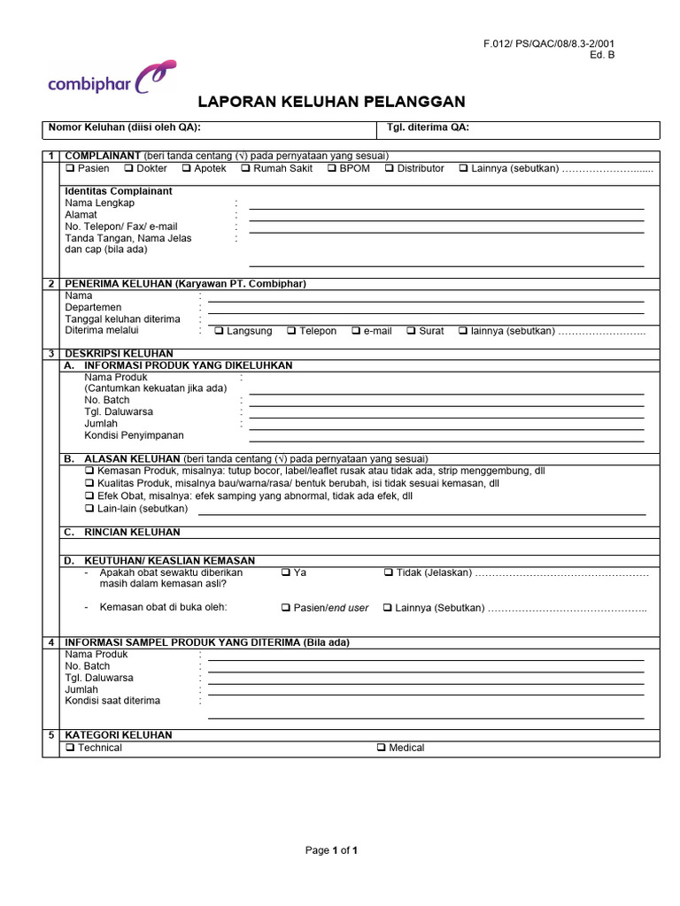 Combiphar - Form Komplain New | PDF