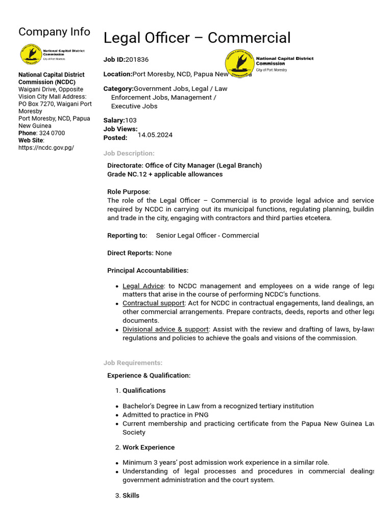 NCDC Legal Officer Job Vacancy 2025 | PDF | Papua New Guinea | Knowledge
