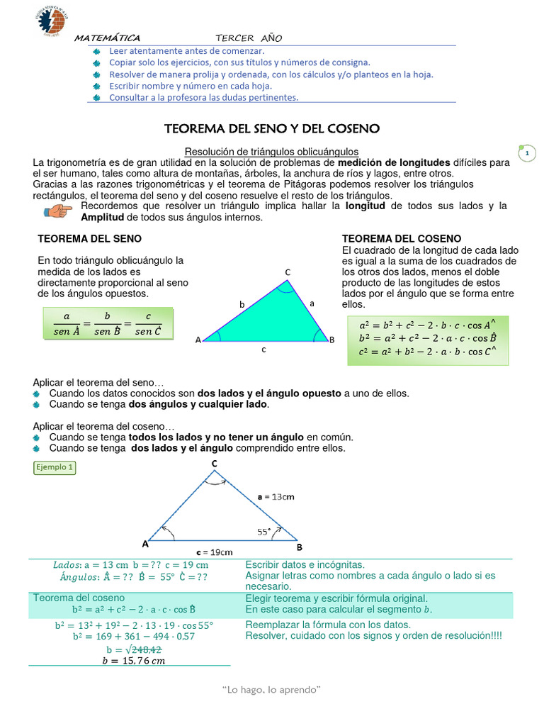 Teorema de Seno y Coseno 4118 | PDF | Funciones trigonométricas | Triángulo