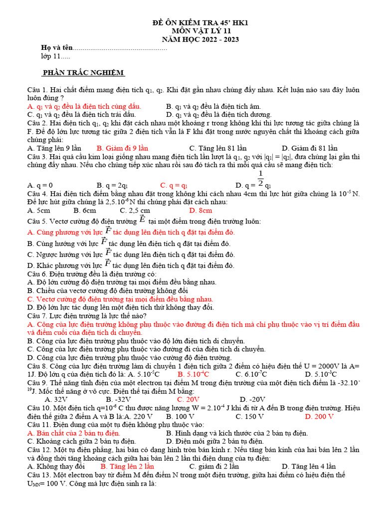 ĐỀ KIỂM TRA 45 PHÚT K11- 2022 | PDF