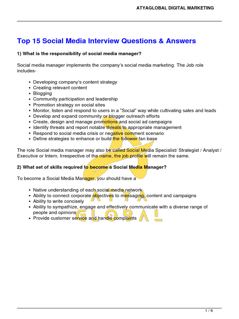 Top 15 Social Media Manager Interview Questions | PDF | Popular Culture & Media Studies | Social ...