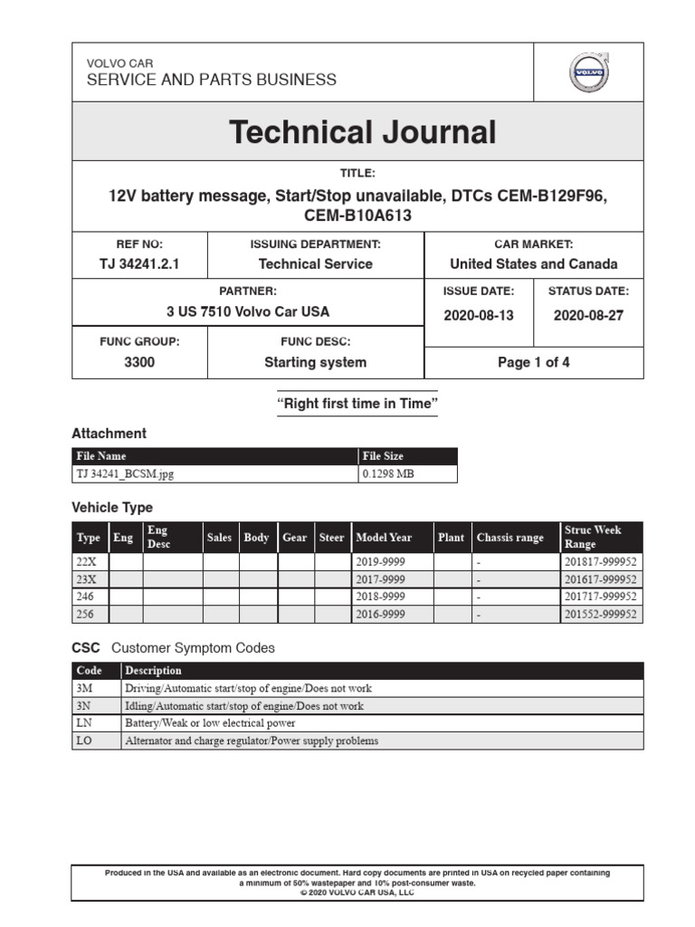 TSB Volvo batería | PDF | Vehicle Technology | Motor Vehicle