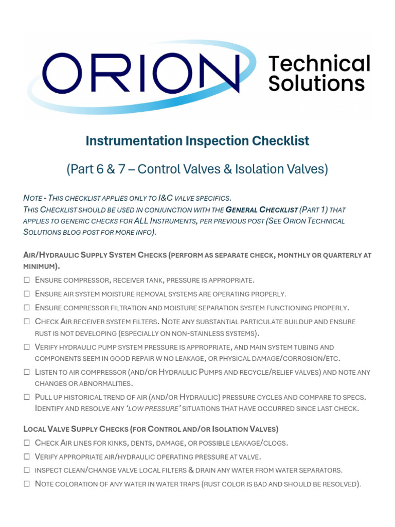 Instrumentation Inspection Checklist Part 6 and 7 Control and Isolation Valves | PDF | Valve ...