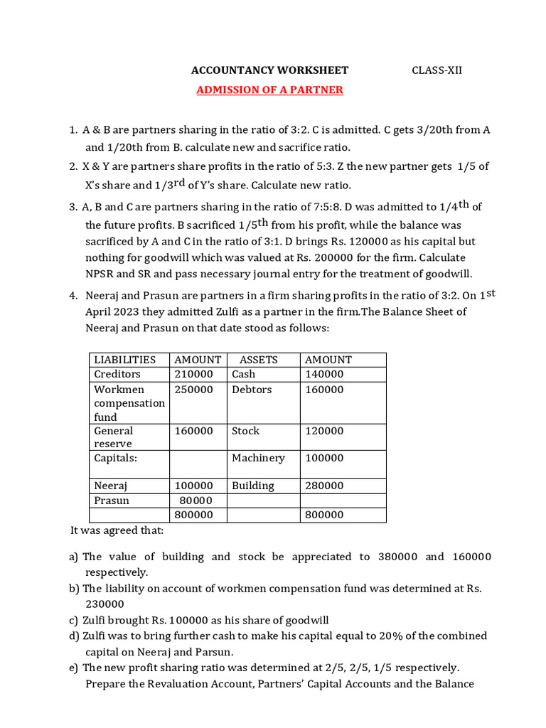 Admission of A Partner Worksheet | PDF | Goodwill (Accounting ...