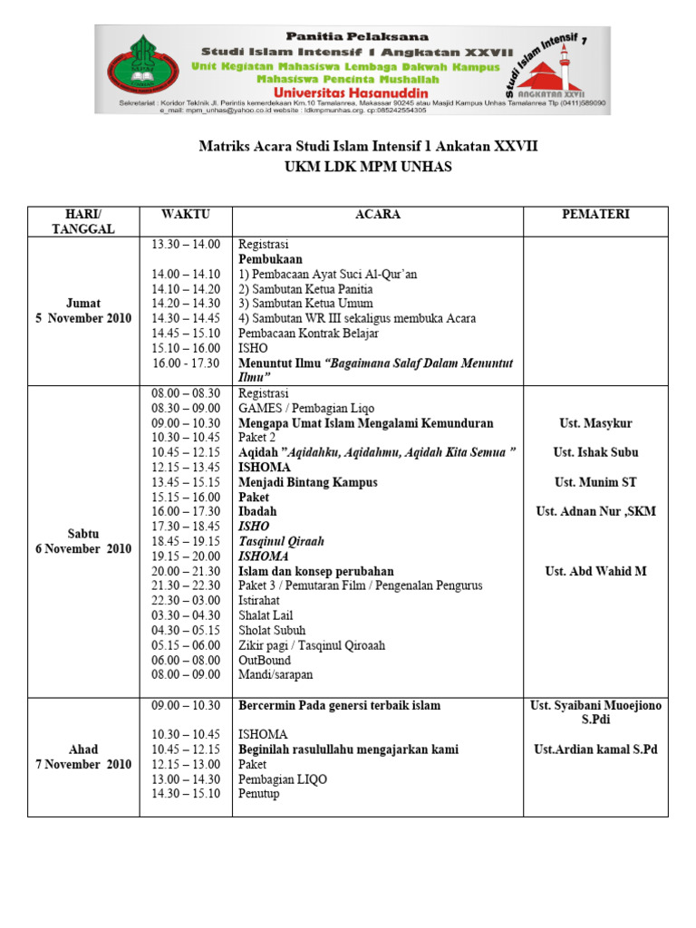 Matriks Acara Studi Islam Intensif 1 Ankatan XXVII | PDF