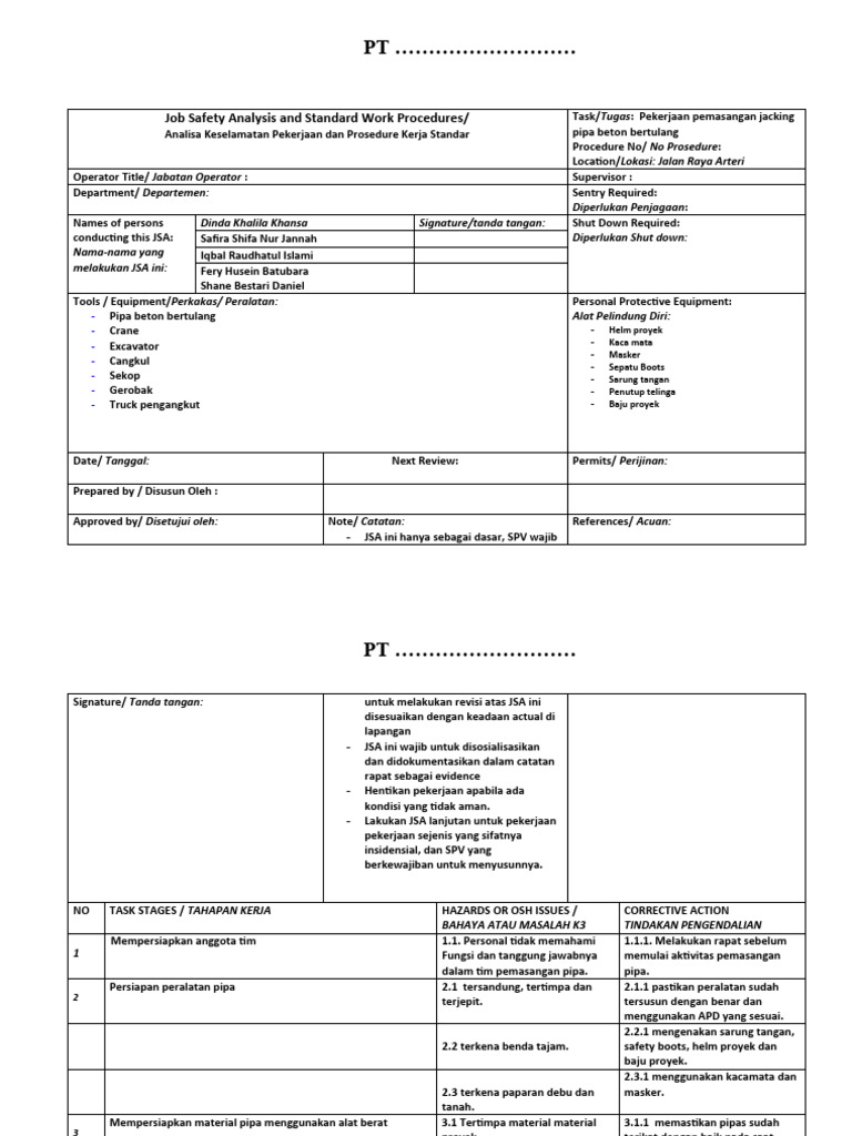 Form Jsa Pemasangan Pipa | PDF