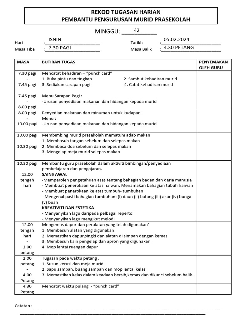 Rekod Tugasan Harian PPM Prasekolah | PDF