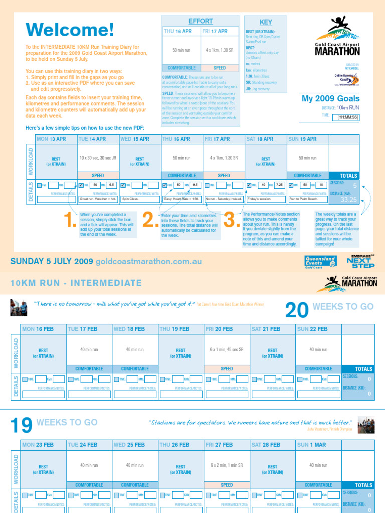 2009 10km INTERMEDIATE Training Diary | PDF
