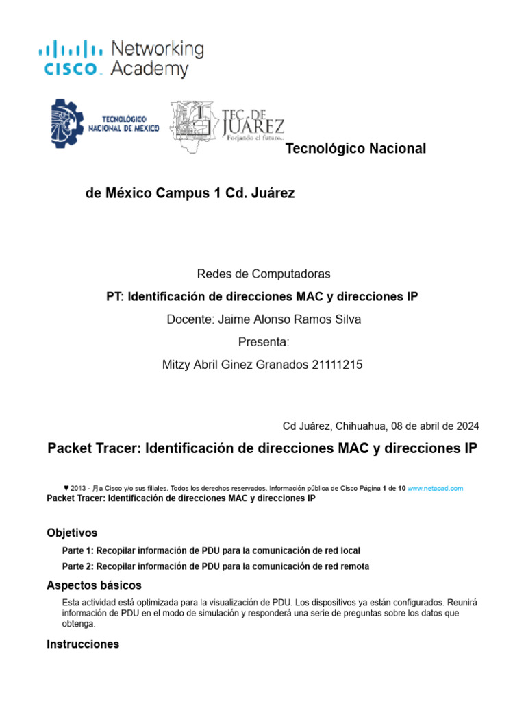 9.1.3 Packet Tracer Identify MAC and IP Addresses Mitzy Abril Ginez Granados | Descargar gratis ...