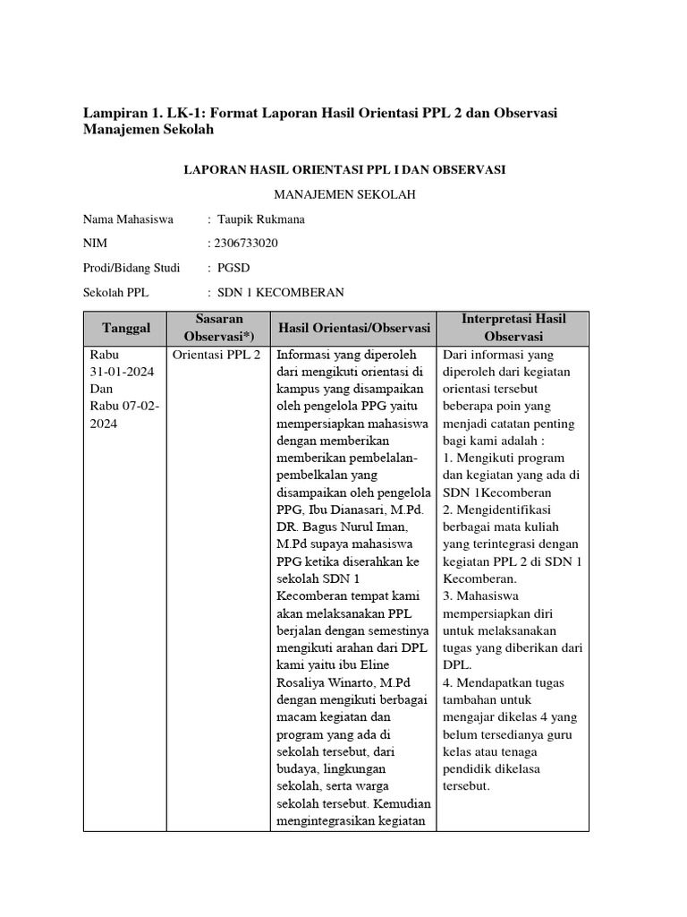 Lampiran 1. LK-1 Format Laporan Hasil Orientasi PPL 2 Dan Observasi Manajemen Sekolah | PDF