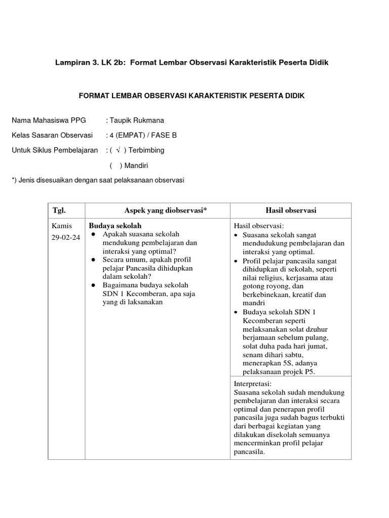 Lampiran 3. LK 2b PPL 2 KARAKTERISTIK PESERTA DIDIK BELUM FIKS | PDF