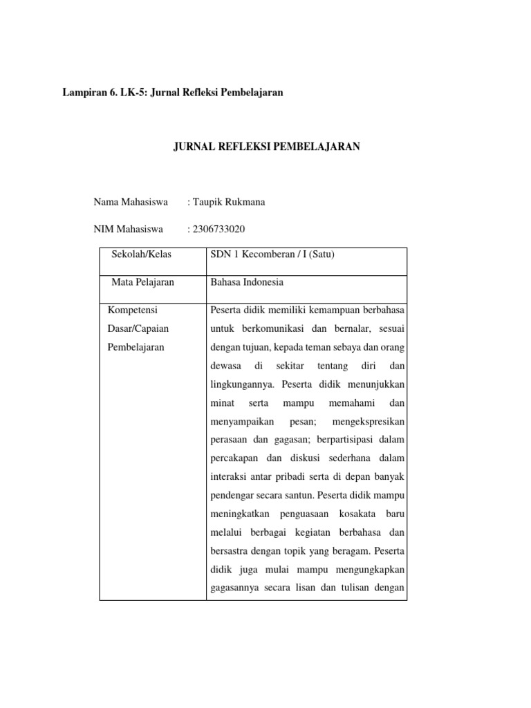 Lampiran 6. LK-5 Contoh Jurnal Refleksi Pembelajaran | PDF