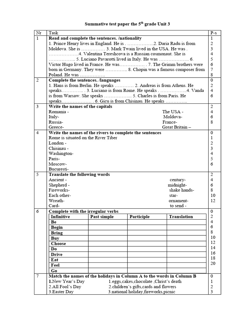 Summative Test Paper The 5th Grade Unit 3 | PDF | Linguistics ...