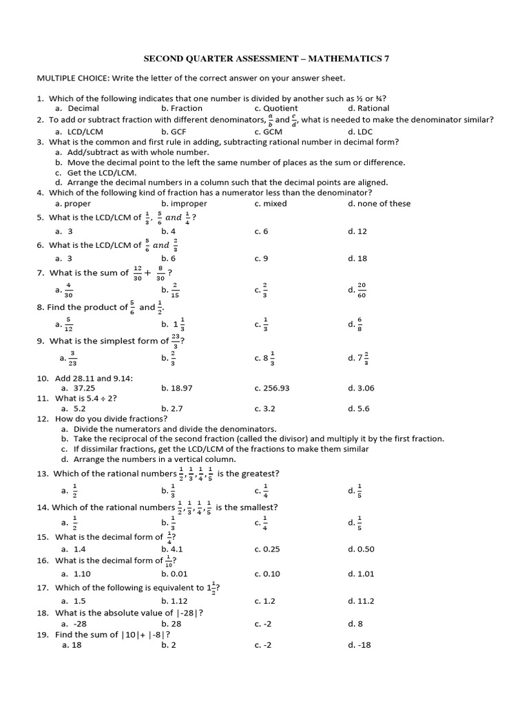 2ND PERIODICAL TEST Math 7 | PDF | Mathematics | Arithmetic