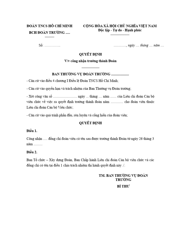 Mau Quyet Dinh Cong Nhan Truong Thanh Doan | PDF