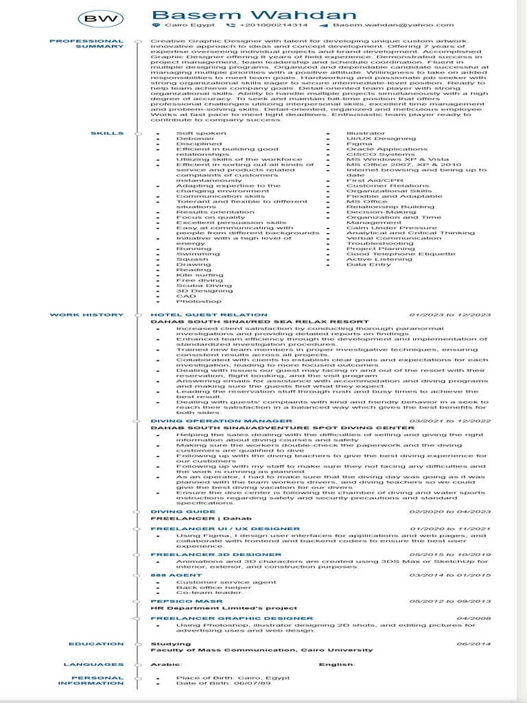 BW CV | PDF | Scuba Diving