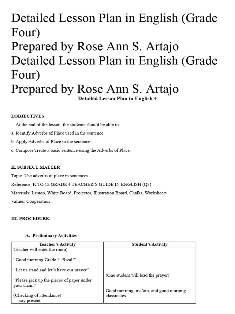 Grade 4 English Lesson Plan: Adverbs of Place | PDF | Lesson Plan