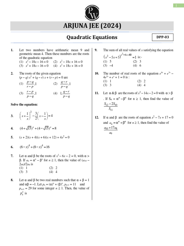 JEE Quadratic Equations Practice | PDF | Equations | Arithmetic