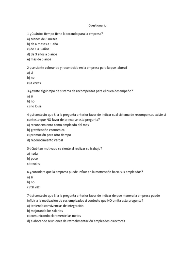 Cuestionario y Analisis | PDF | Cuestionario | Business