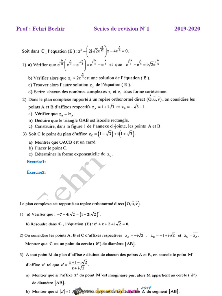 Série D'exercices N°1 Lycée Pilote - Math - Complexe - Bac Technique (2019-2020) MR Fehri Bechir ...