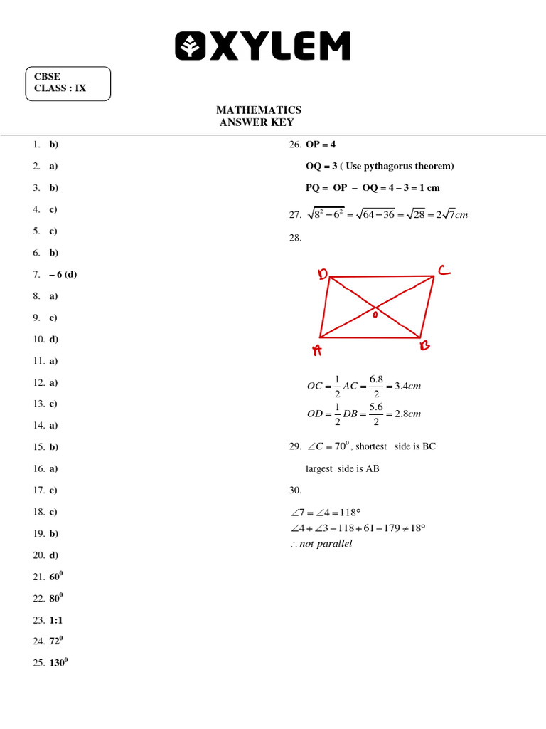 Mathematics Answer Key for Class IX | PDF | Mathematics