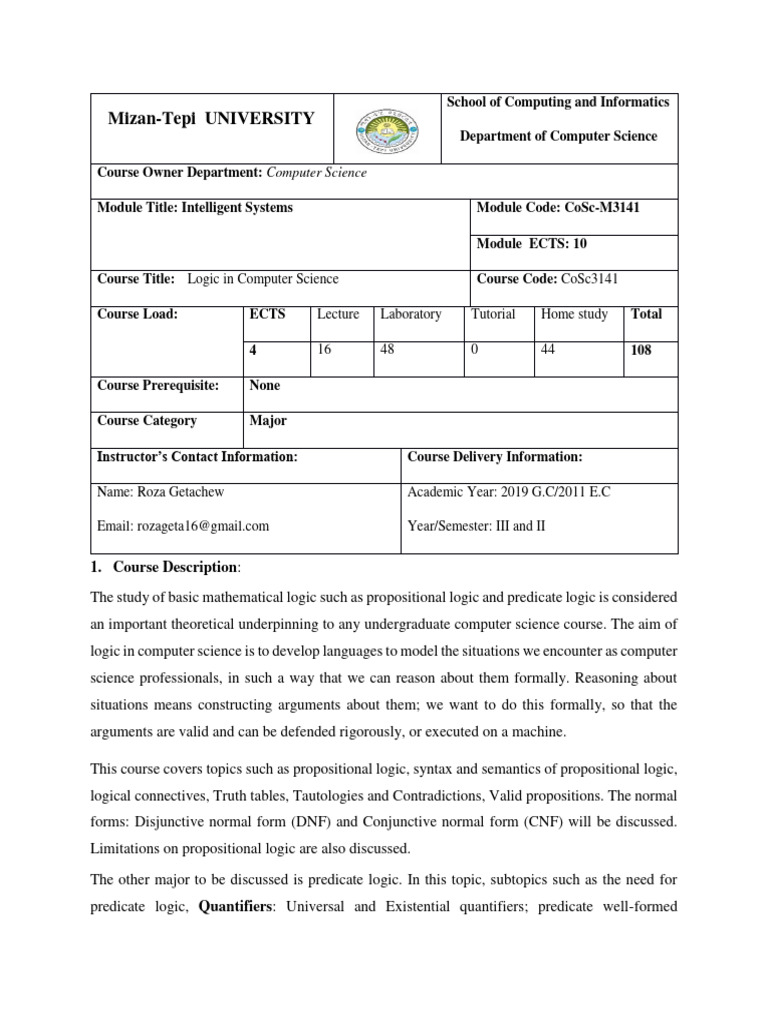 Logic in Computer Science Course Out Line | Download Free PDF | Logic | First Order Logic