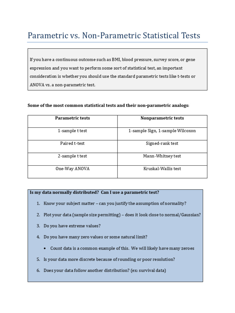 Parametric Vs Non Parametric Statistical Tests | PDF | Student's T Test ...