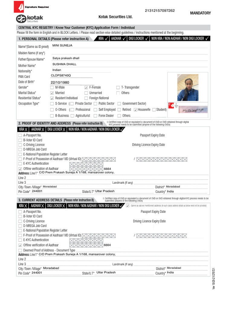 Kwik Account Application Part APDF5442336 Kotak 20 Registration | PDF ...