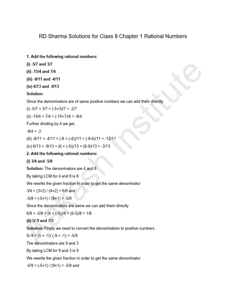 RD Sharma Solutions For Class 8 Chapter 1 Rational Numbers | PDF ...